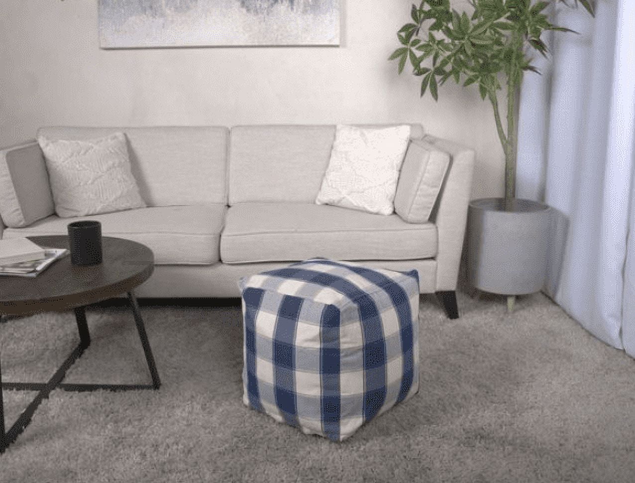 Connor Ivory & Navy Blue Checkered Square Pouf - Versatile Floor Ottoman or Cushion - Walmart.com