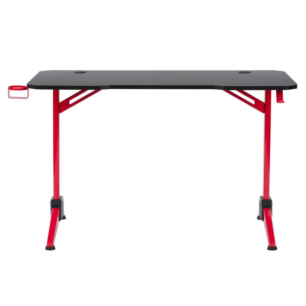 Conqueror Black Engineered Wood Gaming Desk with Red Metal Legs and LED ...