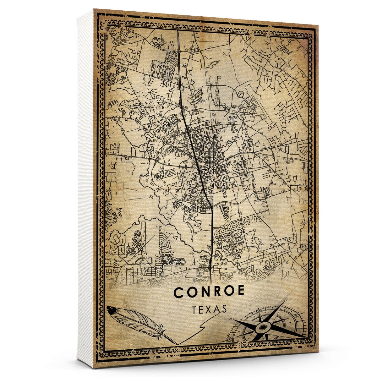 Conroe Vintage Map Prints Canvas, Texas Map Art Canvas, Canvas, Conroe ...