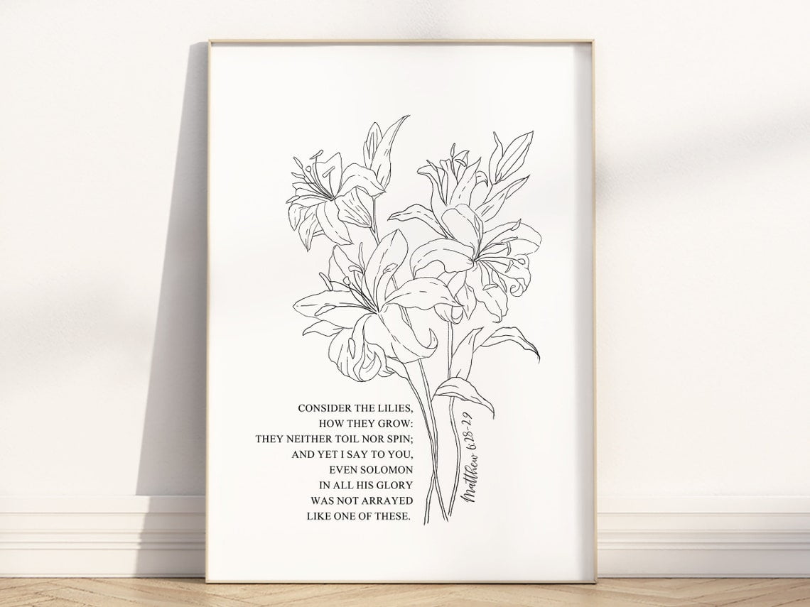 Consider The Lilies Bible Verse Wall Art, Modern Christian Minimalist ...