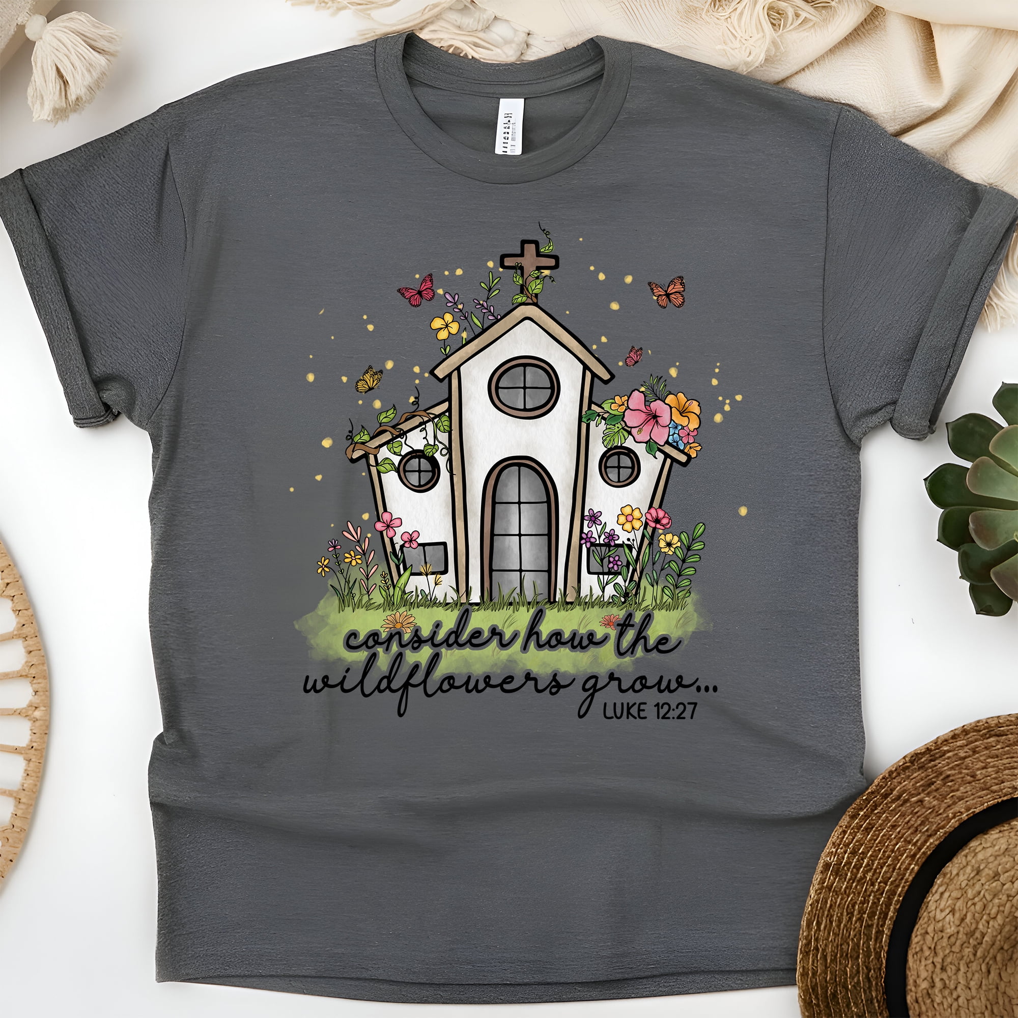 Consider the Wildflowers Luke 12:27 Bible Verse Graphic T-Shirt, Dark ...