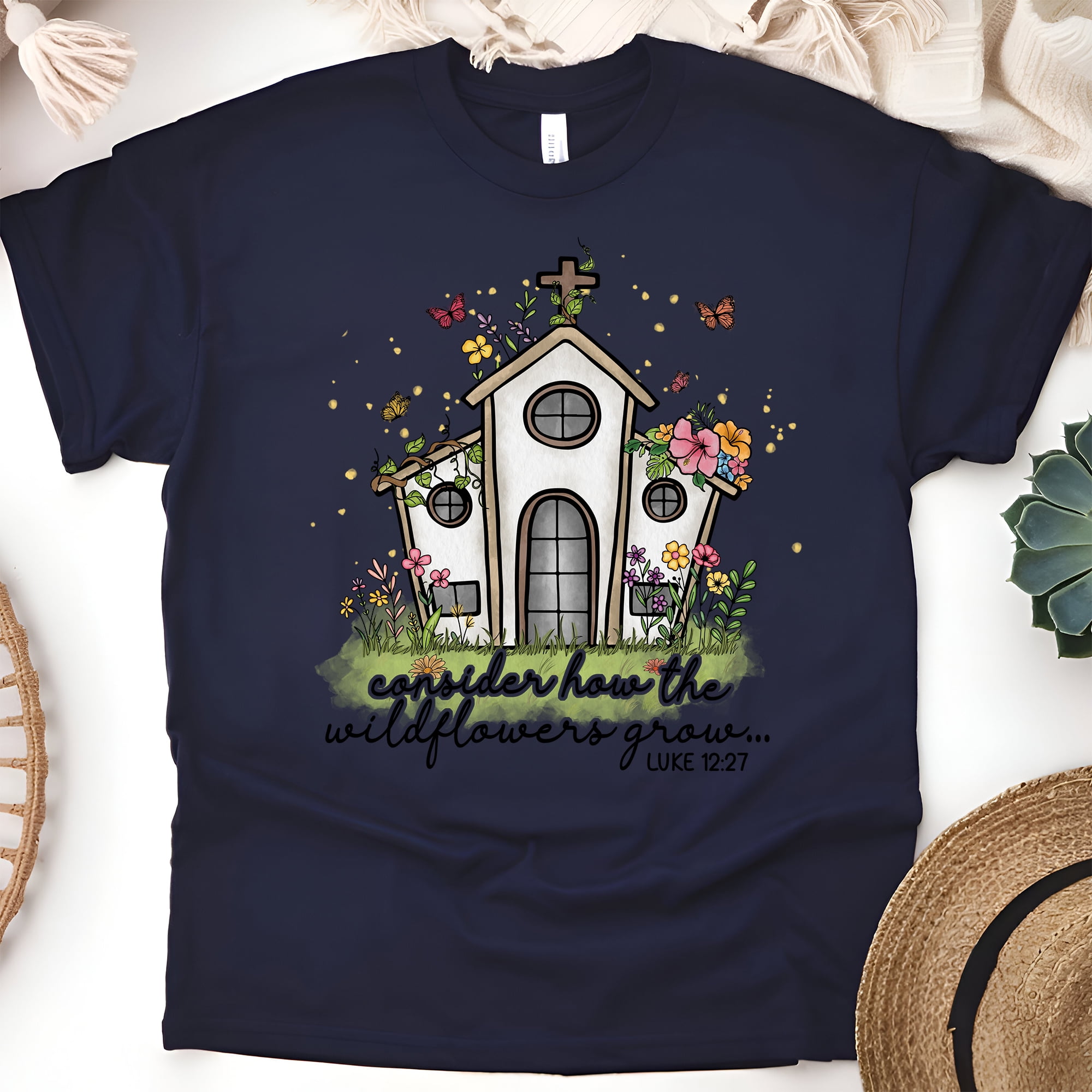 Consider the Wildflowers Luke 12:27 Bible Verse Graphic T-Shirt, Navy ...