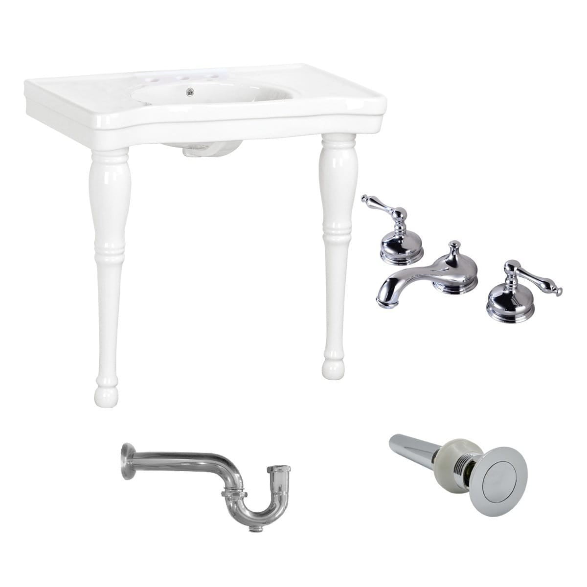 Console Sink White Porcelain with Hardwood Leg, 8" Faucet and P Trap ...