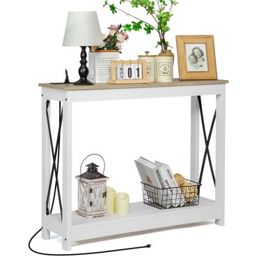 DecorTech Industrial Rectangular Wood Console Table with AC Power and ...