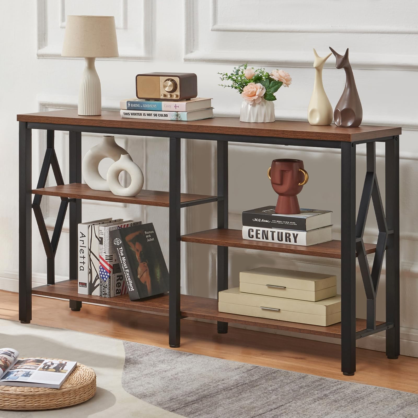 Console Sofa Table, Rustic Entryway Table with Metal Frame and Open ...