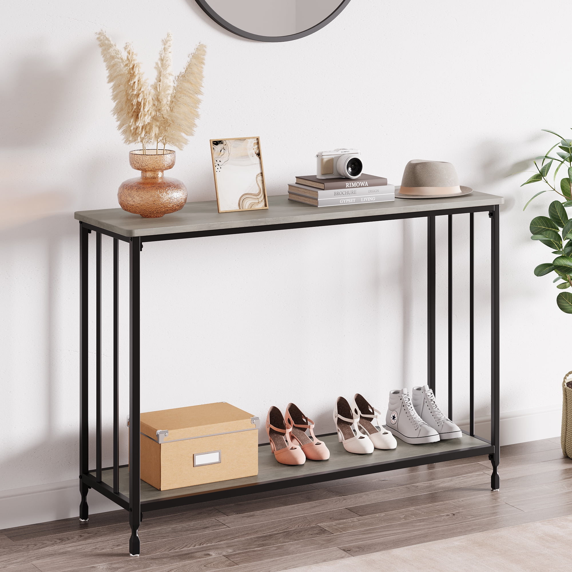 Console Sofa Table with Glass Shelf and Metal Frame Narrow Entryway ...