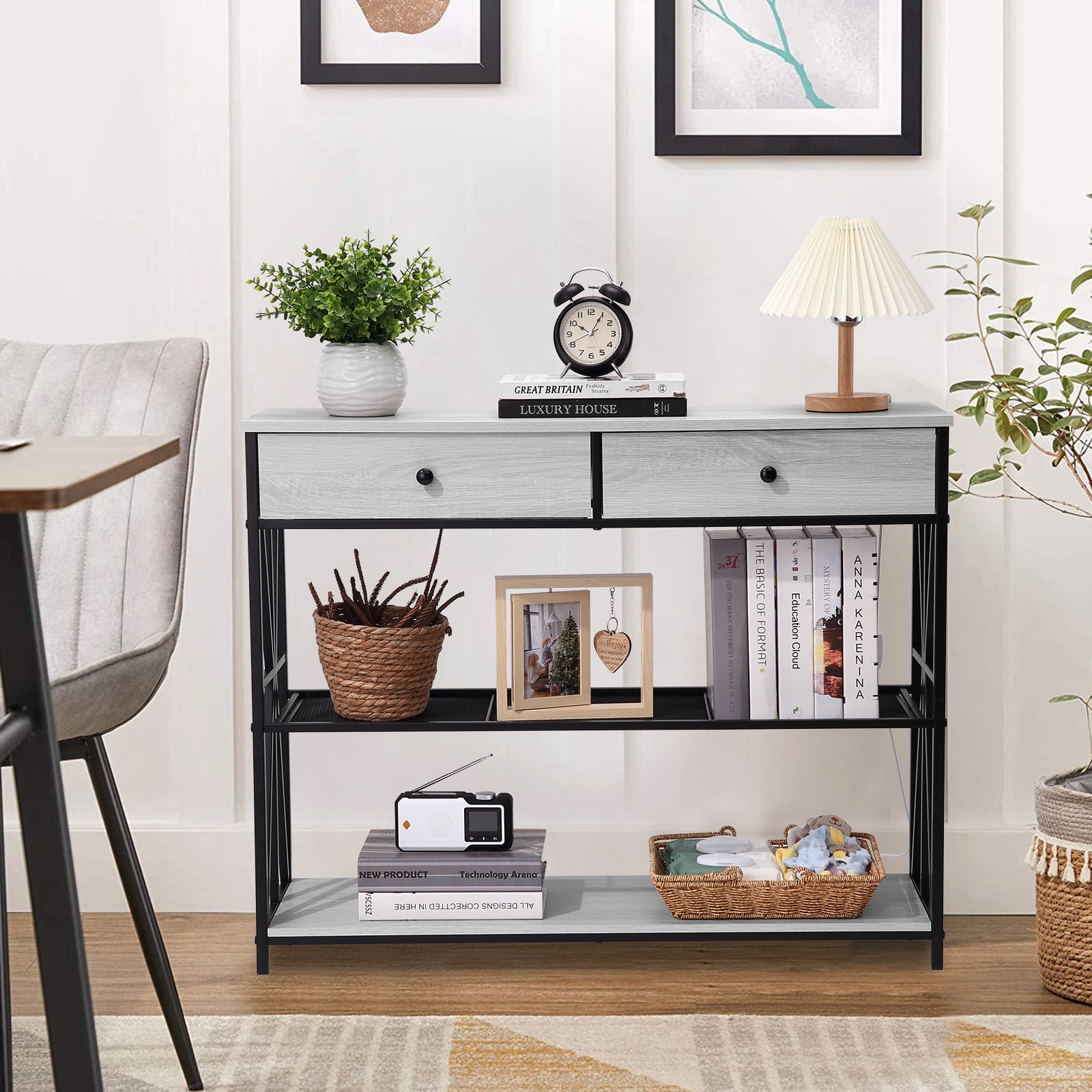 Console Table with 2 Drawers, 3-Tier Industrial Entryway Table, Narrow ...