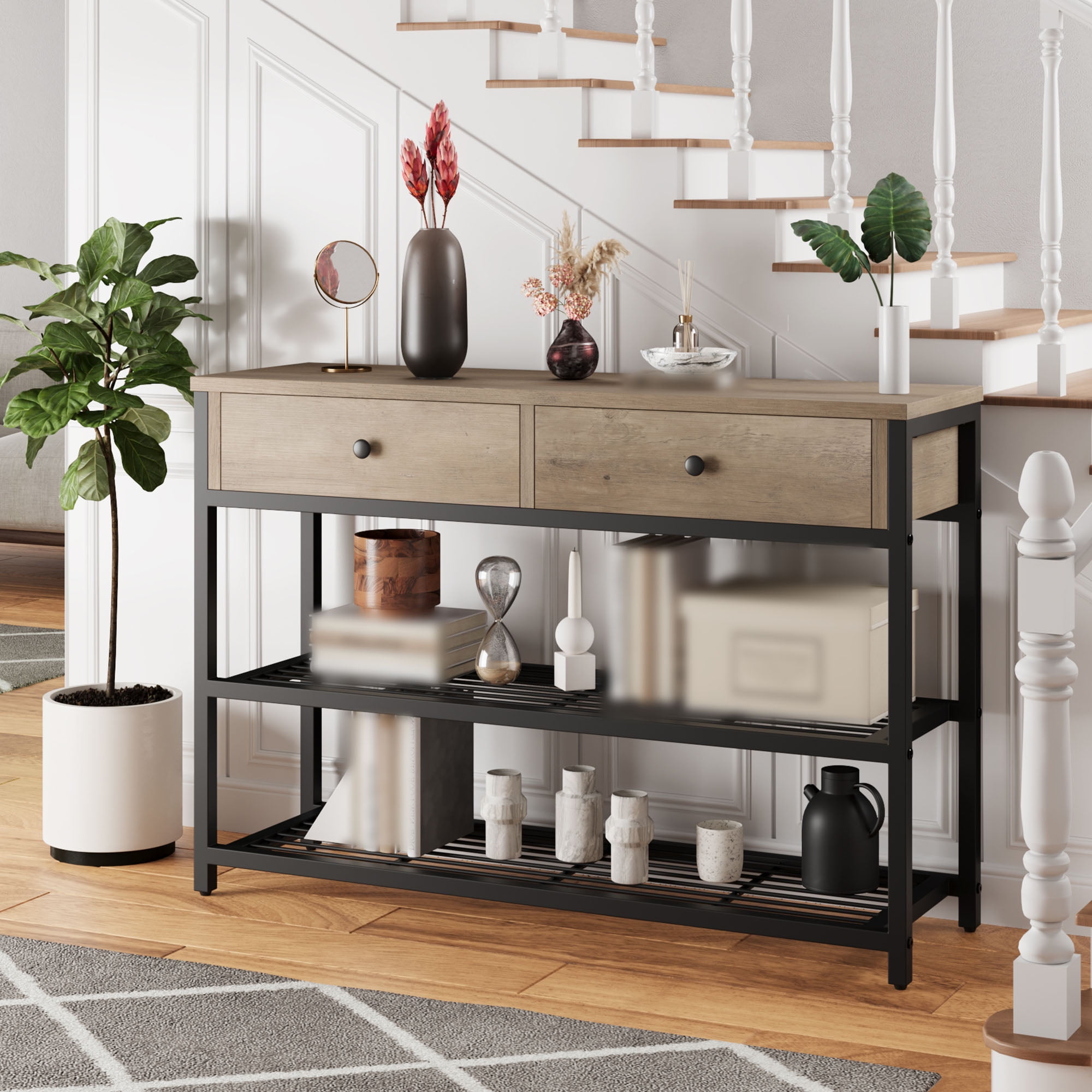 Console Table with 2 Drawers, Entryway Table, 3-Tier Rustic Hallway ...