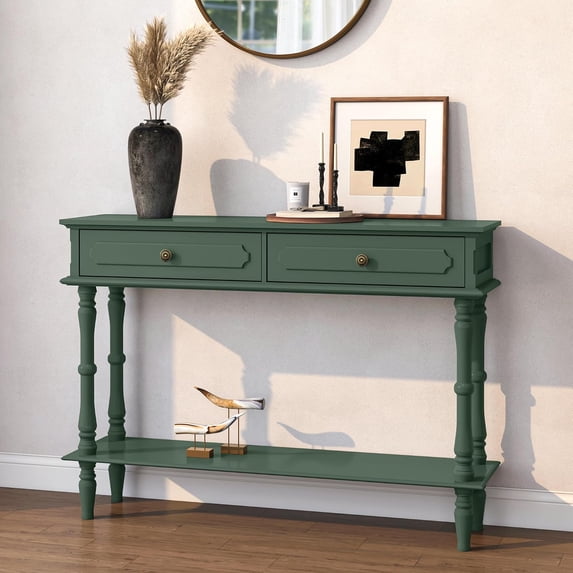 Console Table with 2 Drawers & Open Shelf, Green Retro Entryway Table ...