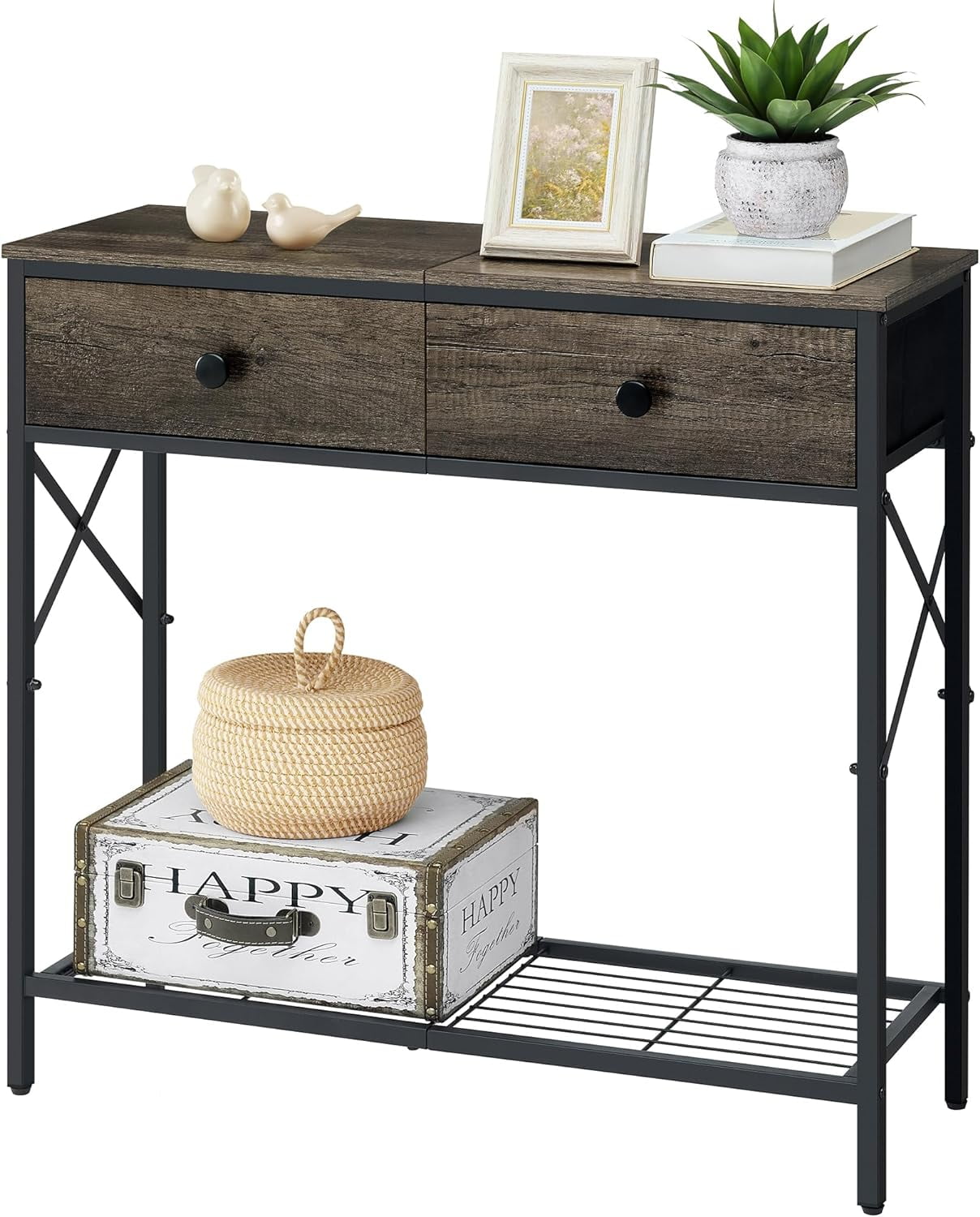 Console Table with 2 Fabric Drawers, 2-Tier Industrial Entryway Table ...