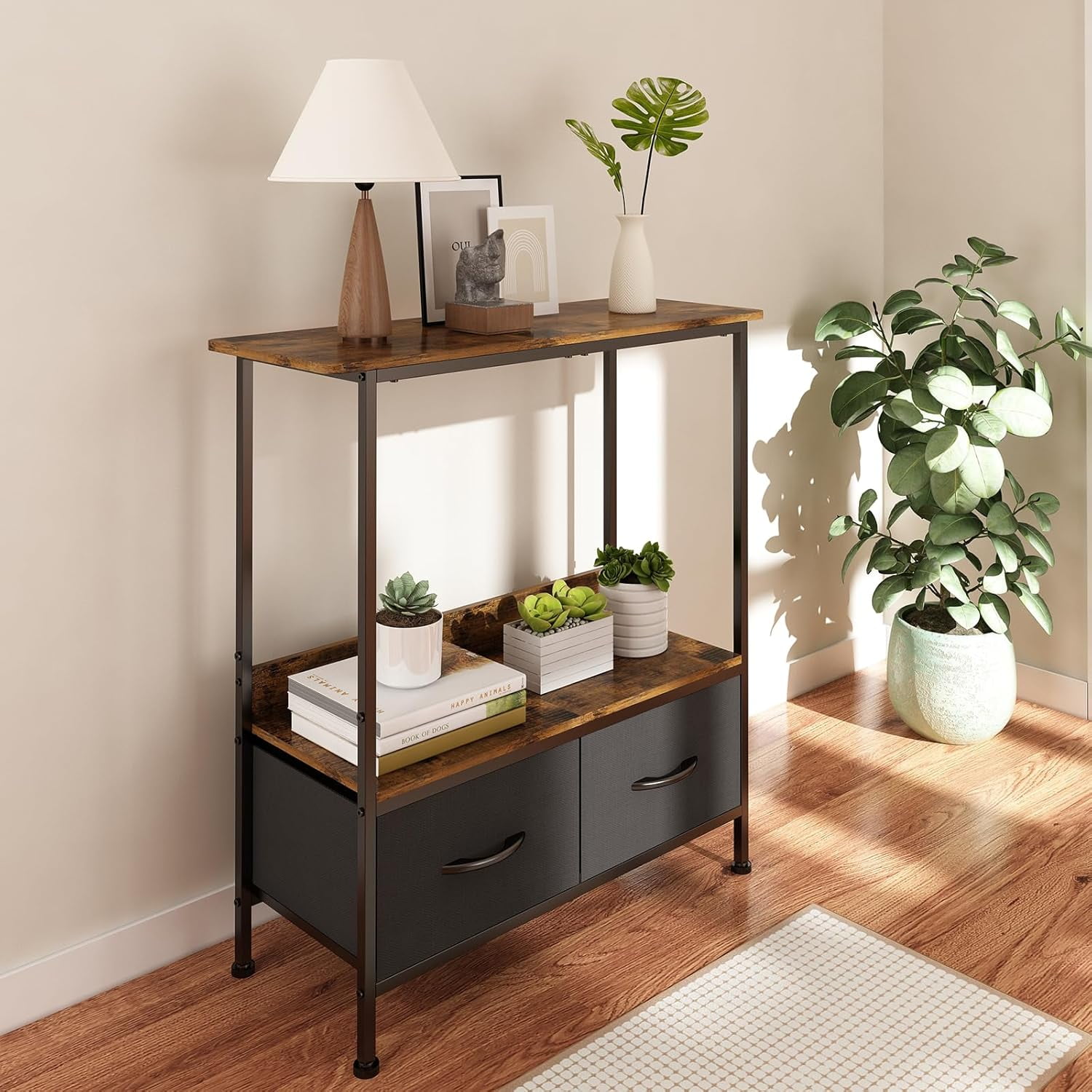 Console Table with 2 Fabric Drawers, 2 Tier Industrial Sofa Table, Wood ...