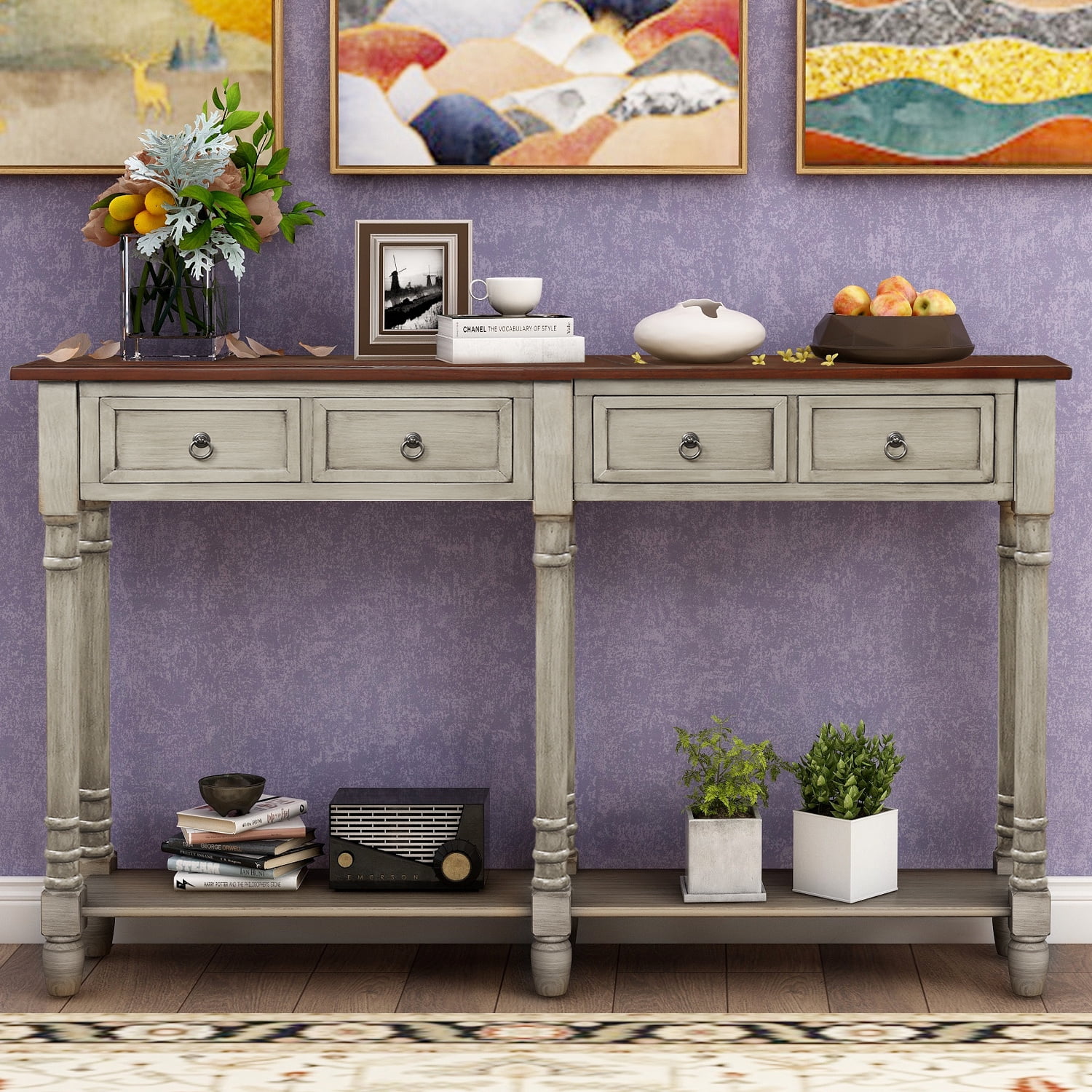 Console Table with 2 Large Drawers and Long Shelf, Farmhouse Wooden ...