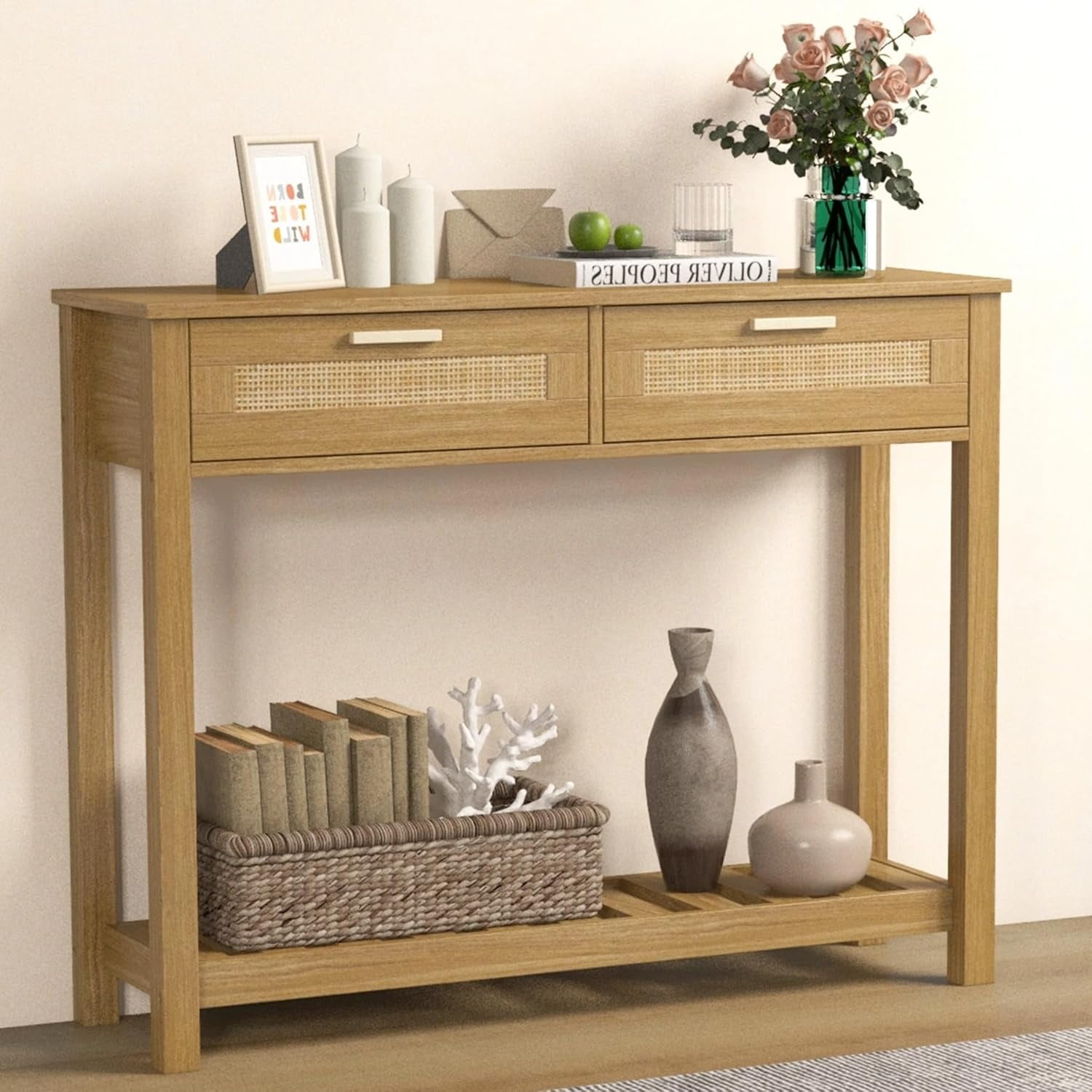 Console Table with 2 Rattan Drawers Boho Entryway Table with Storage ...