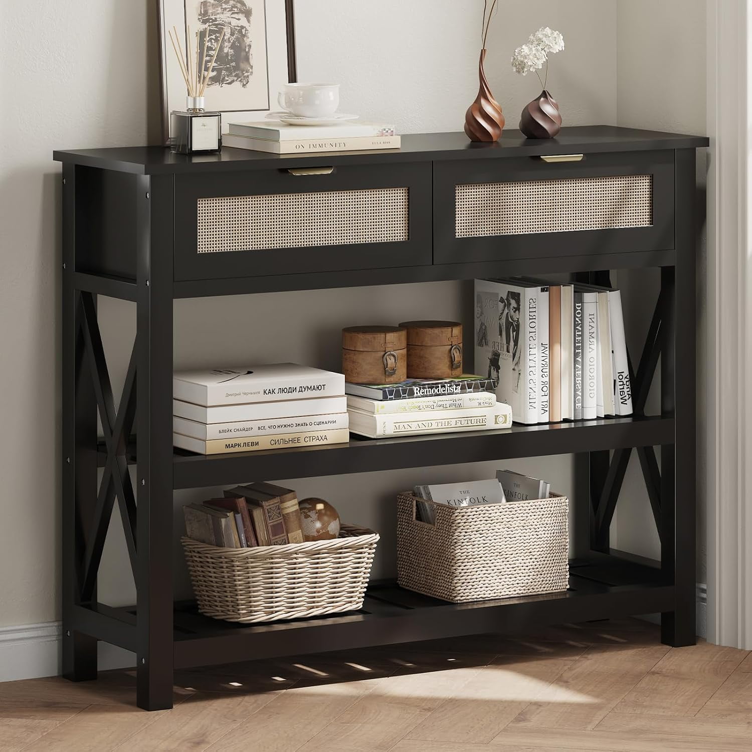 Console Table with 2 Rattan Drawers, Entryway Table with 3-Tier Storage ...