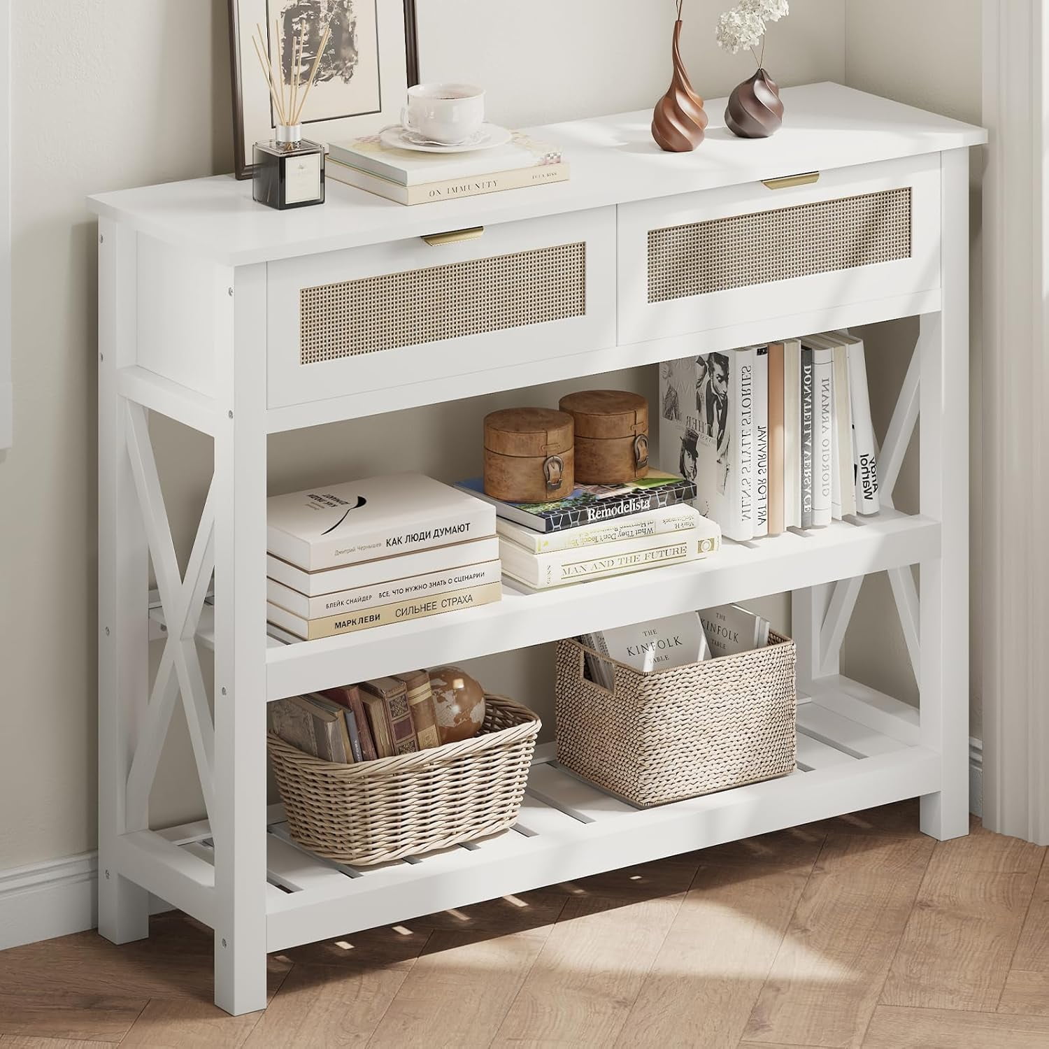 Console Table with 2 Rattan Drawers, Entryway Table with 3-Tier Storage ...