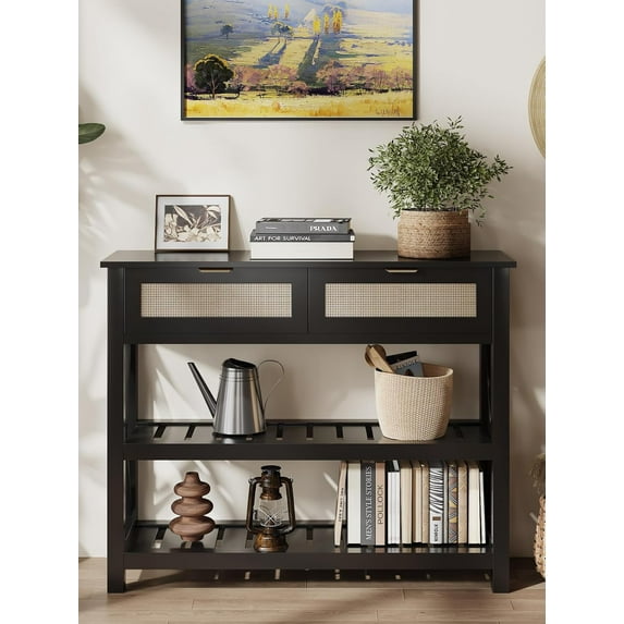 Console Table with 2 Rattan Drawers, Wooden Entryway Table with 3-Tier ...
