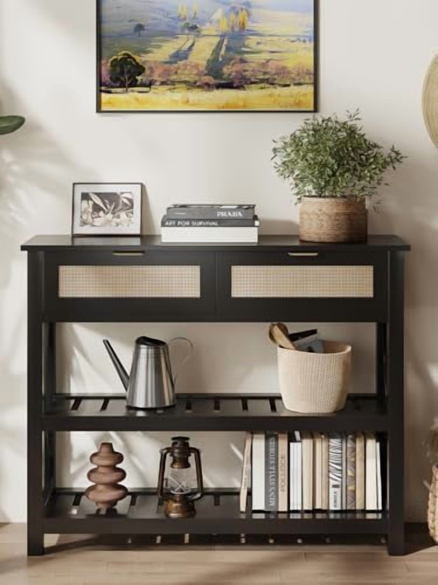 Console Table with 2 Rattan Drawers, Wooden Entryway Table with 3-Tier ...