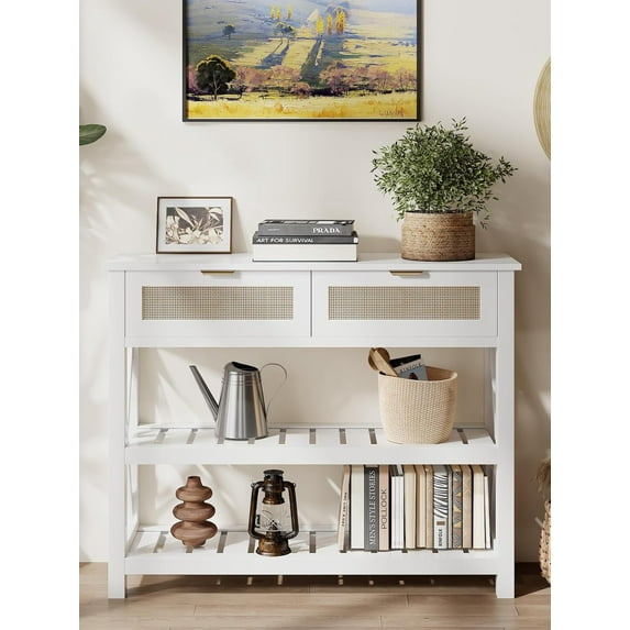 Console Table with 2 Rattan Drawers, Wooden Entryway Table with 3-Tier ...