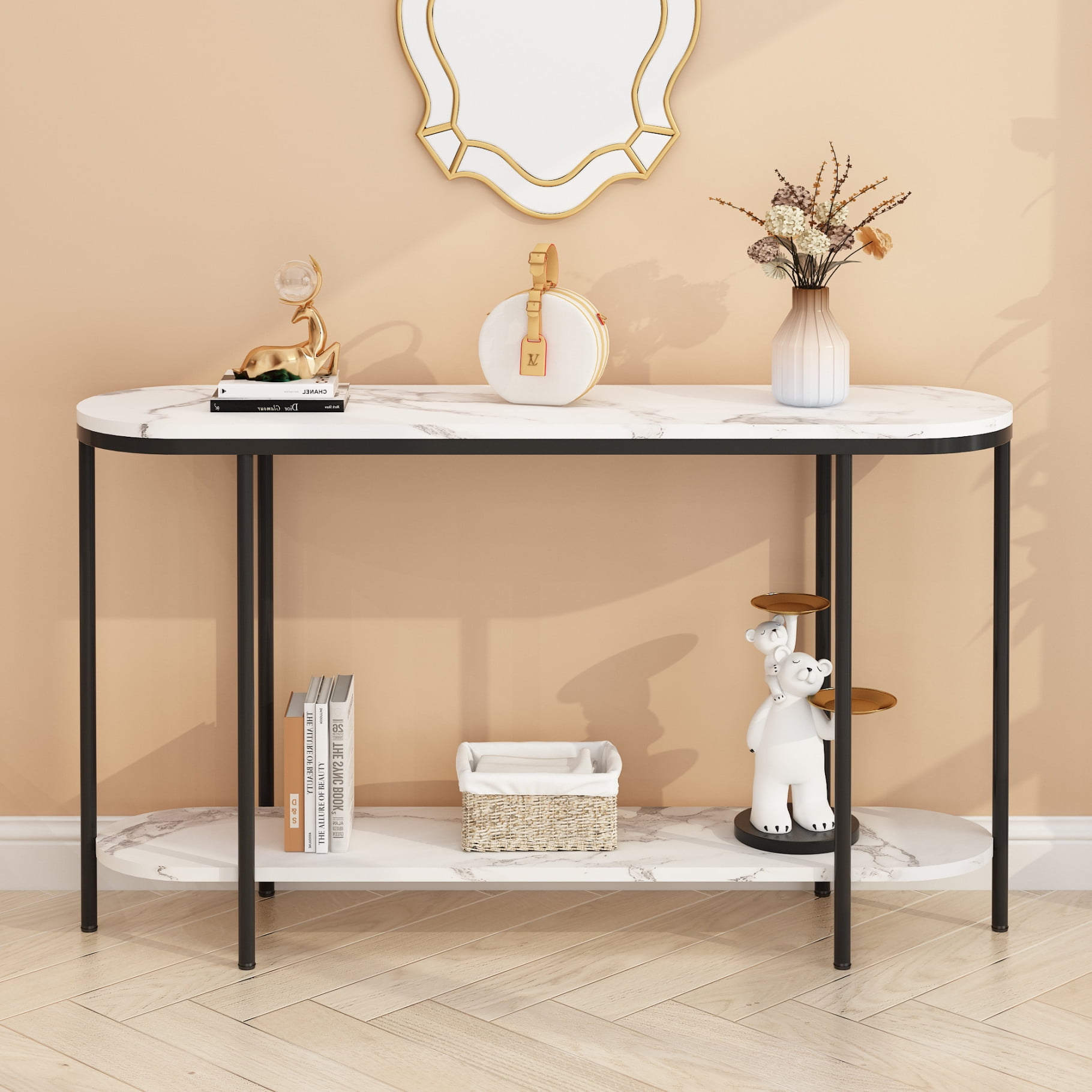 Console Table, 2-Tier Faux Marble Sofa Table with Open Storage Shelf, Modern Entryway Table with ...