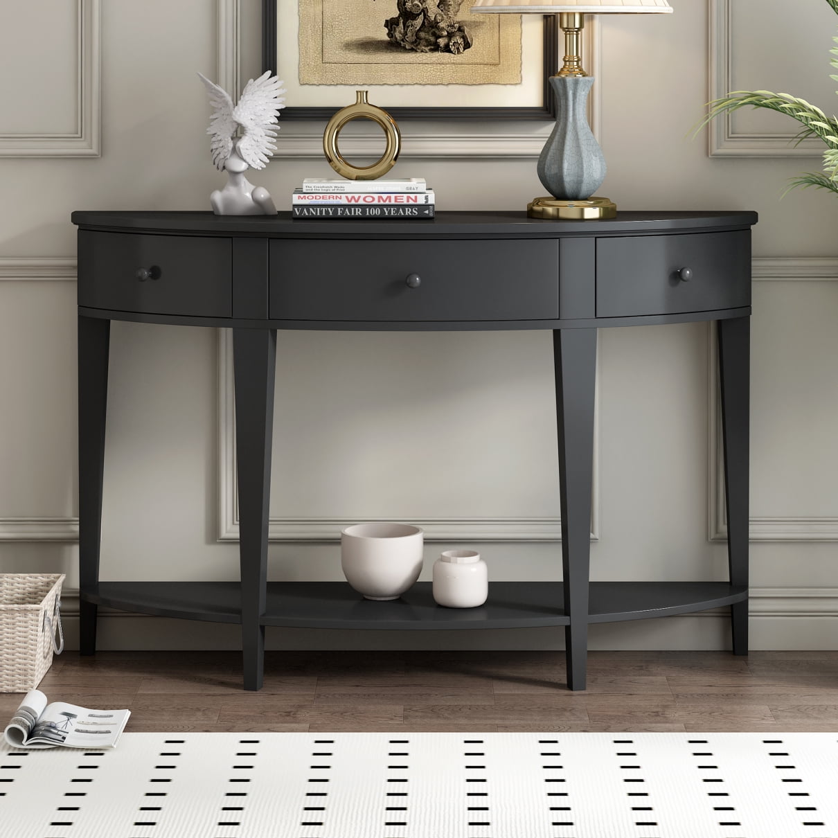 Console Table with 3 Drawers and Bottom Shelf, Modern Curved Sofa Table ...