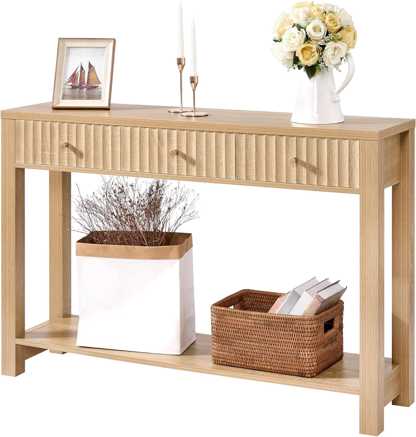Console Table with 3 Fluted Drawers，47.2" Wooden Entryway Table with ...