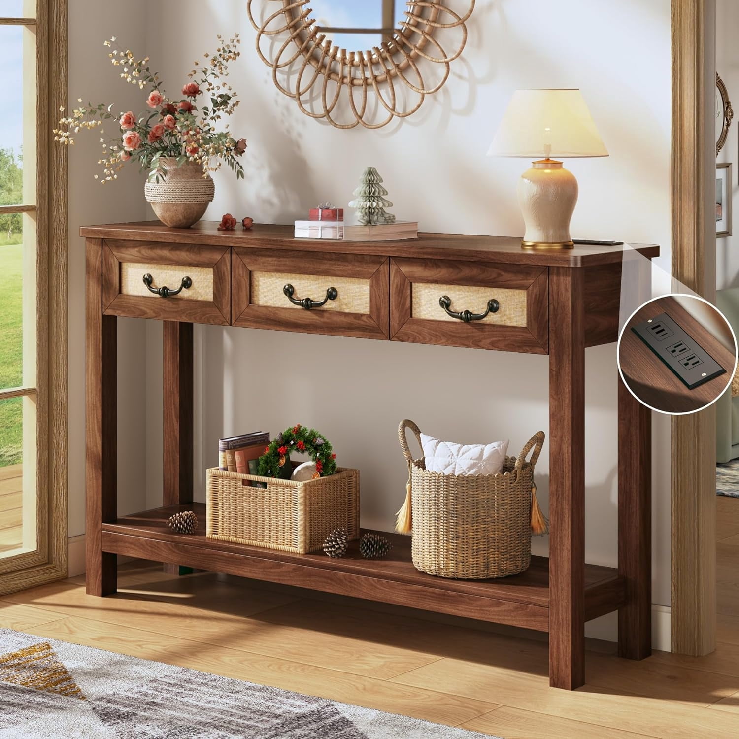 Console Table with 3 Rattan Drawers, Long Sofa Table with Storage ...