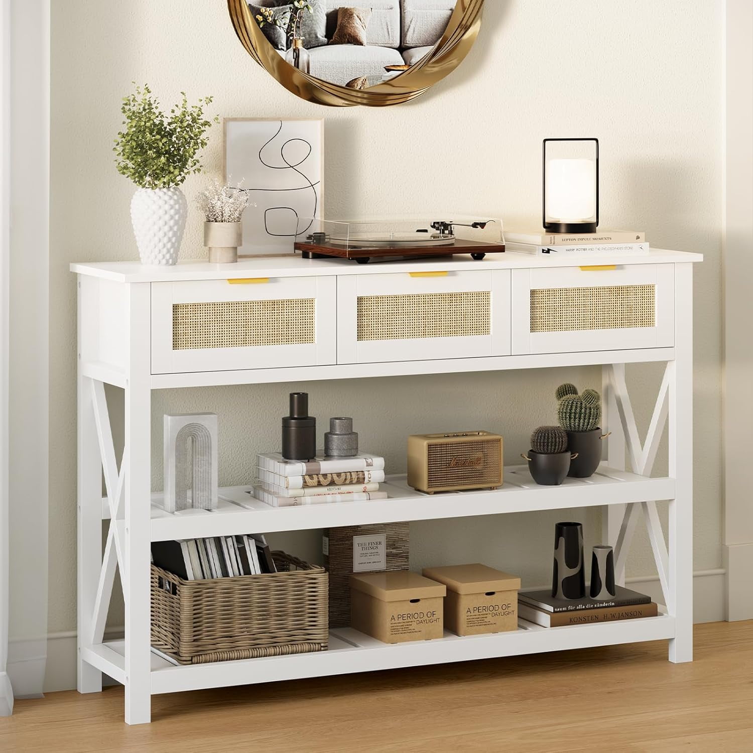 Console Table with 3 Rattan Drawers, Wooden Entryway Table with 3-Tier ...