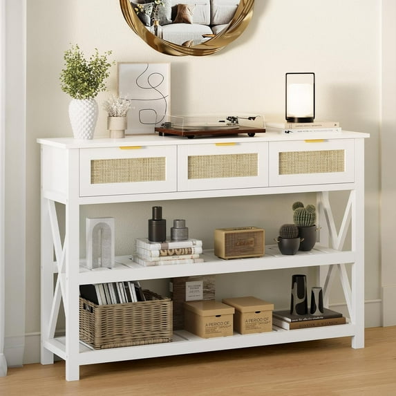 Console Table with 3 Rattan Drawers, Wooden Entryway Table with 3-Tier ...