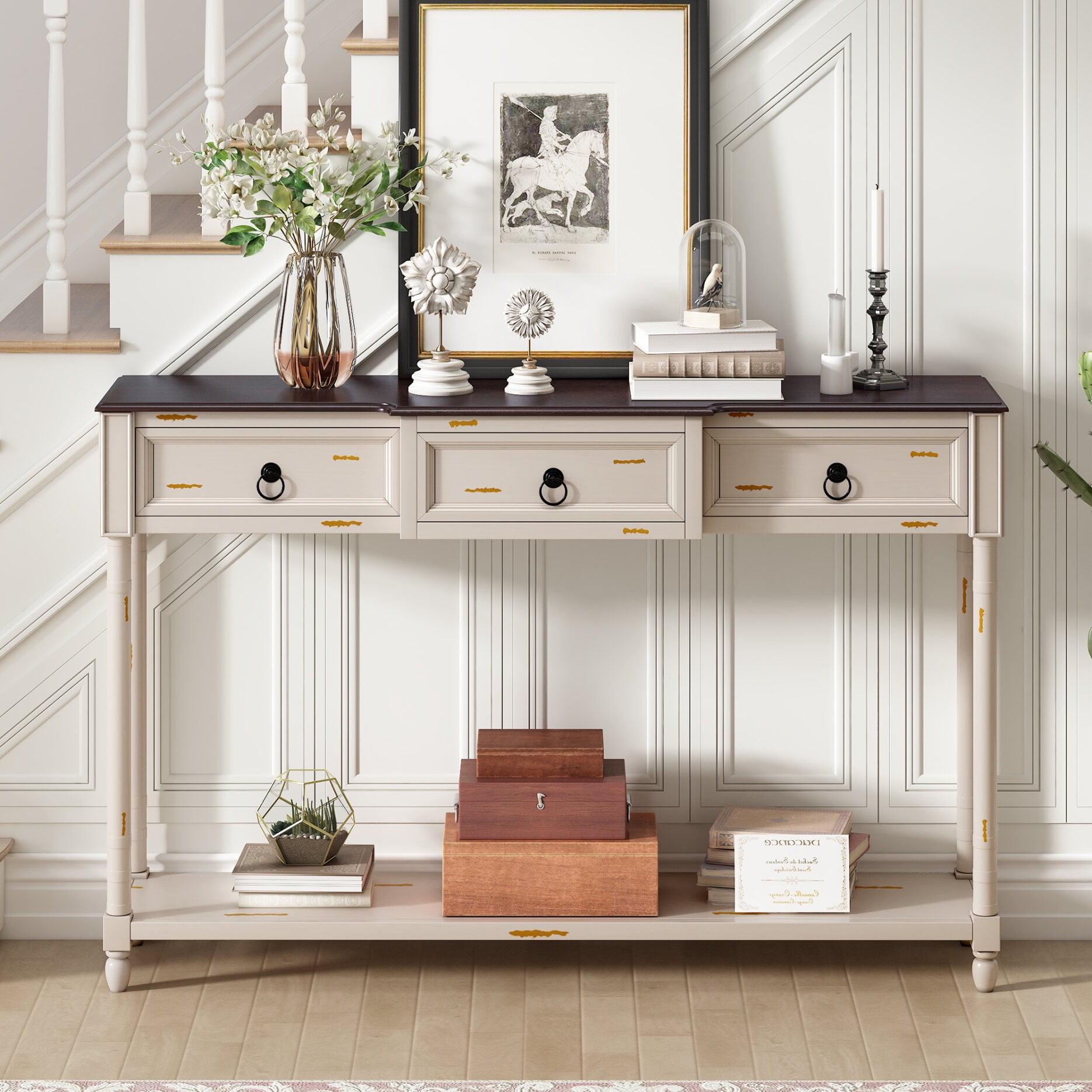 Console Table, 52" Solid Pine Wood Sideboard with Projecting Drawers ...