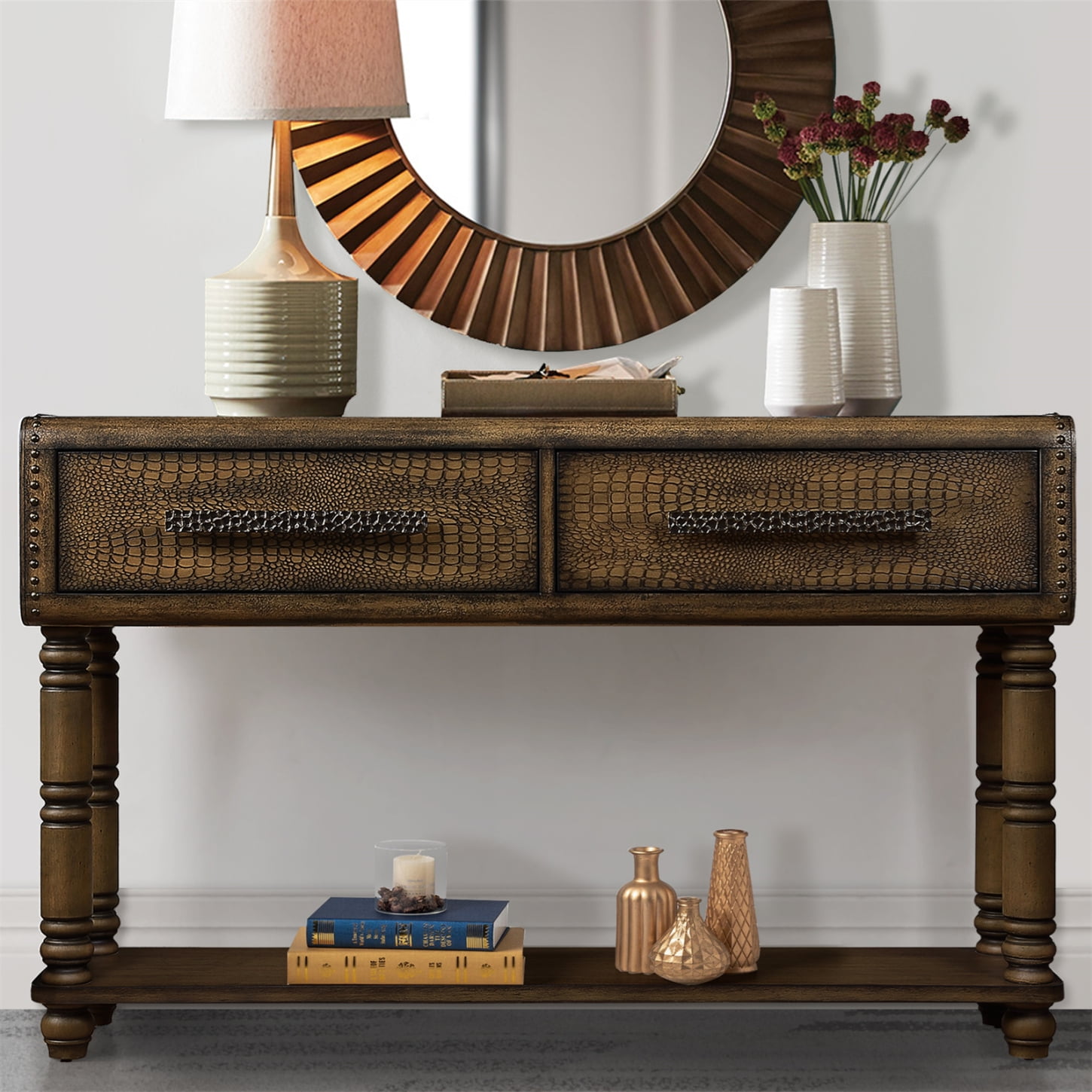 Console Table, 54 inch Imitation Crocodile Skin Apperance Retro Sofa Table, Entryway Table, Pine ...