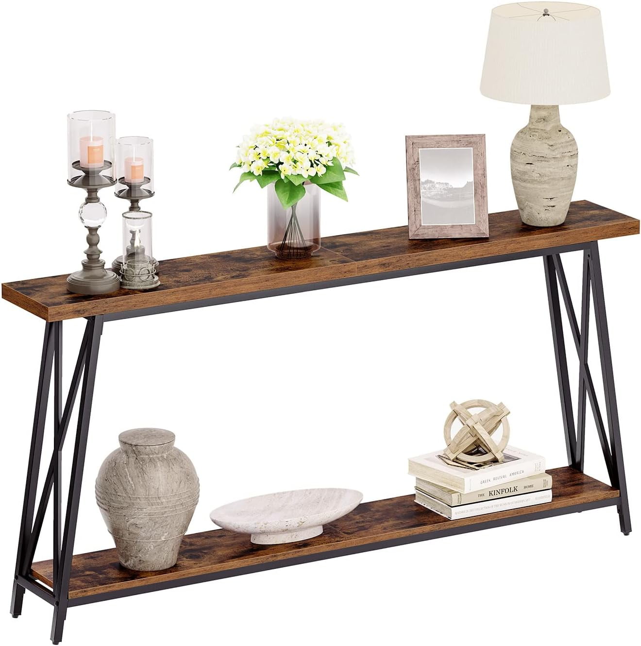 Console Table, 63" Industrial Entryway Table, Extra Long Sofa Table Behind Couch, X-Shaped ...