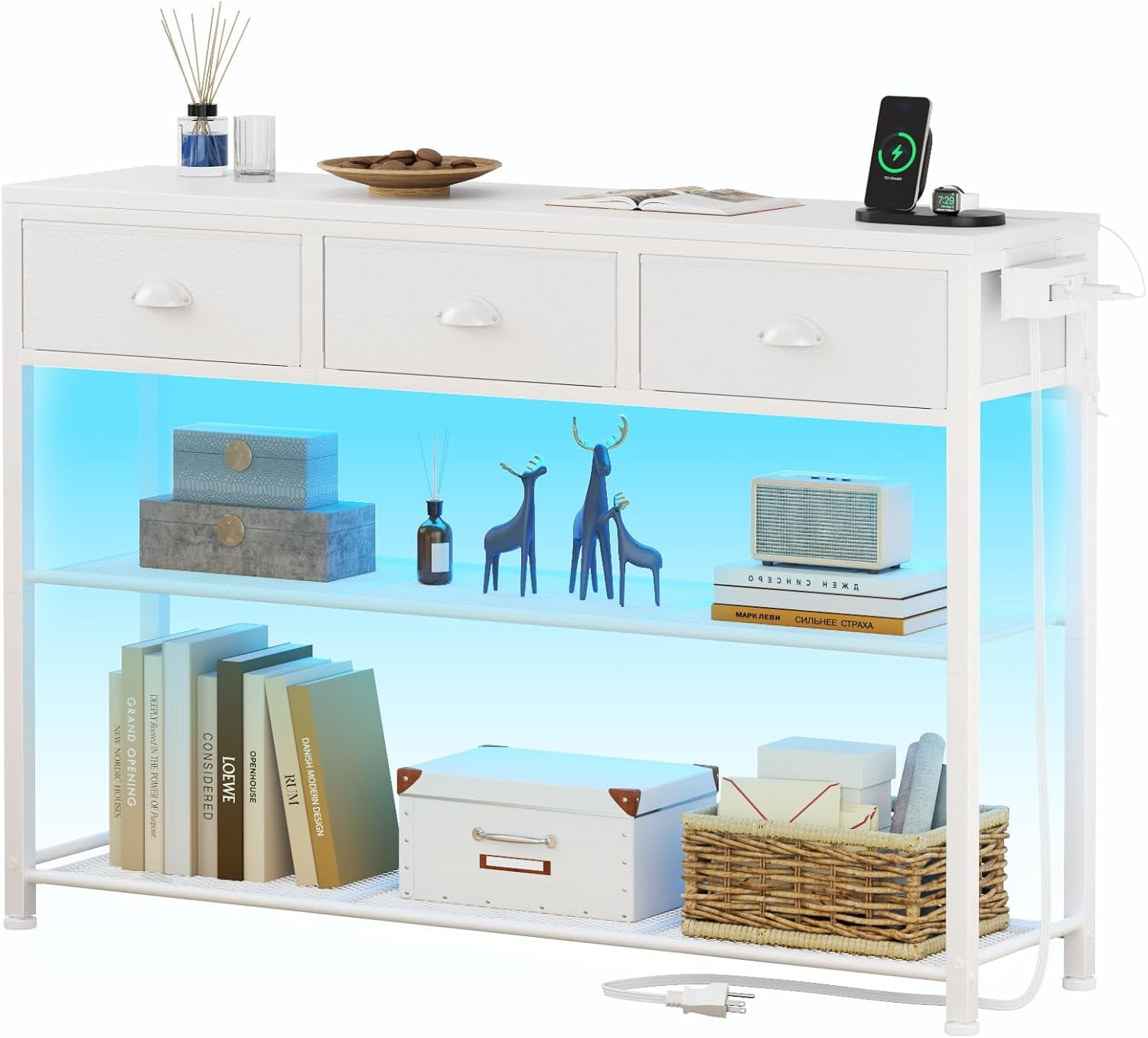 Console Table with Charging Station & 3 Fabric Drawers, 38'' Entryway ...