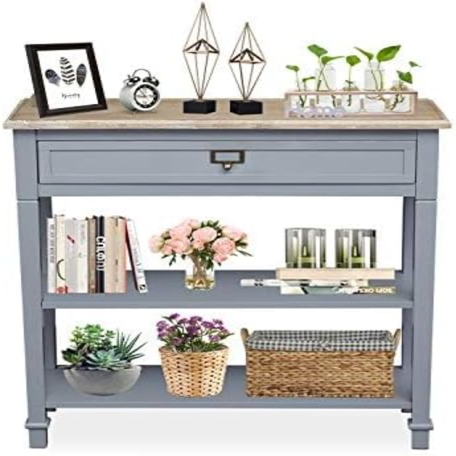 Console Table Classical 3-Tier Shelves Sofa Wooden Storage Table with ...