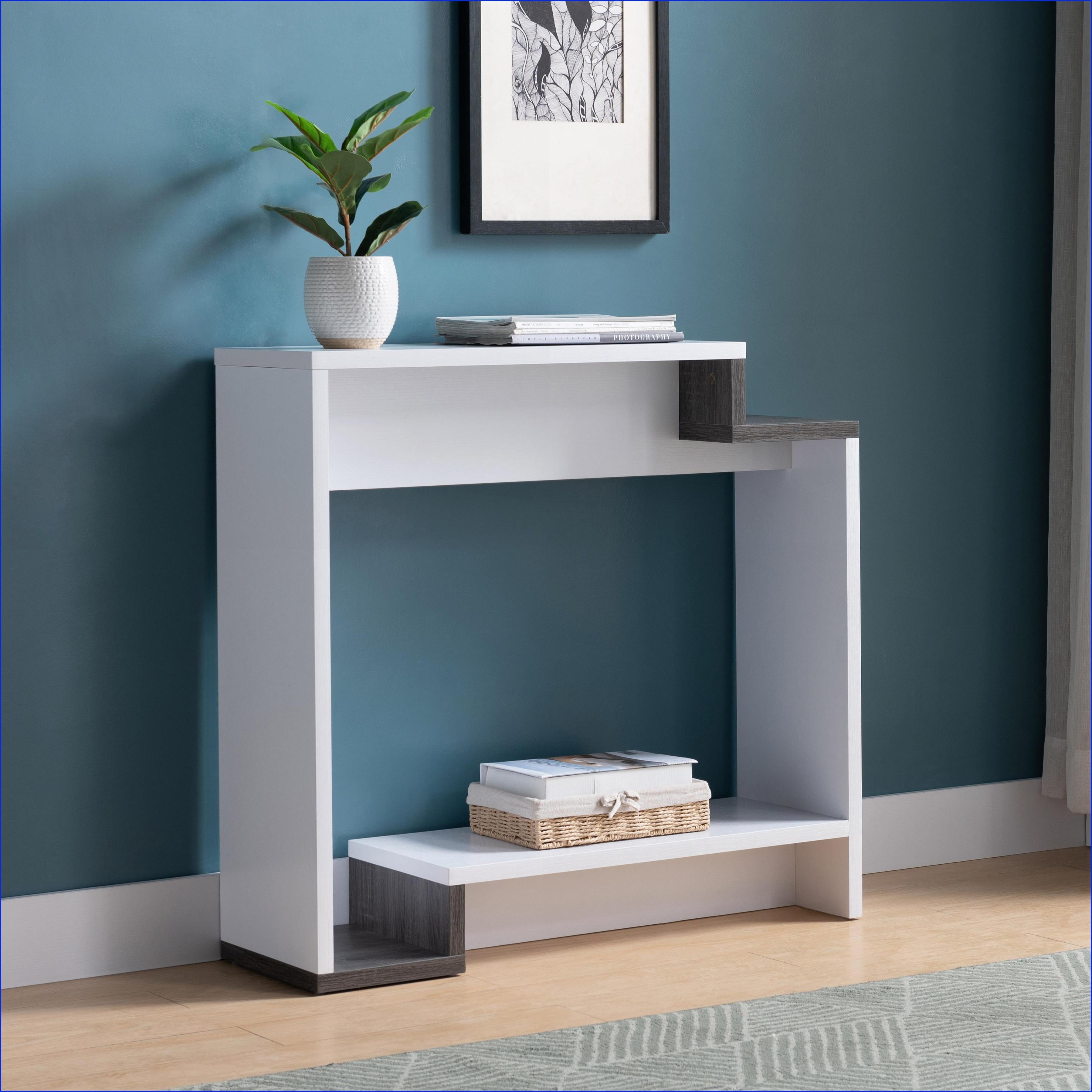 Console Table, Contemporary with Two Open Shelves - White & Grey ...