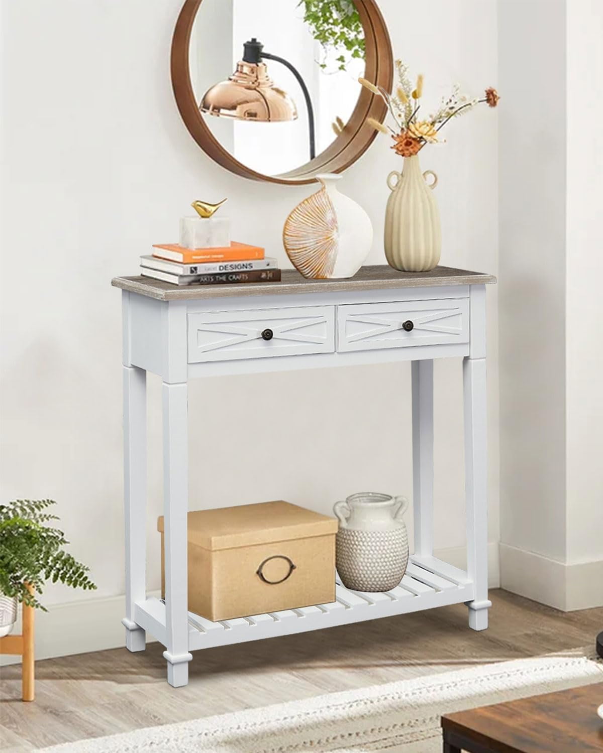 Console Table with Drawer 3-Tier Farmhouse Entryway Table with Open Storage Shelves and Brass ...