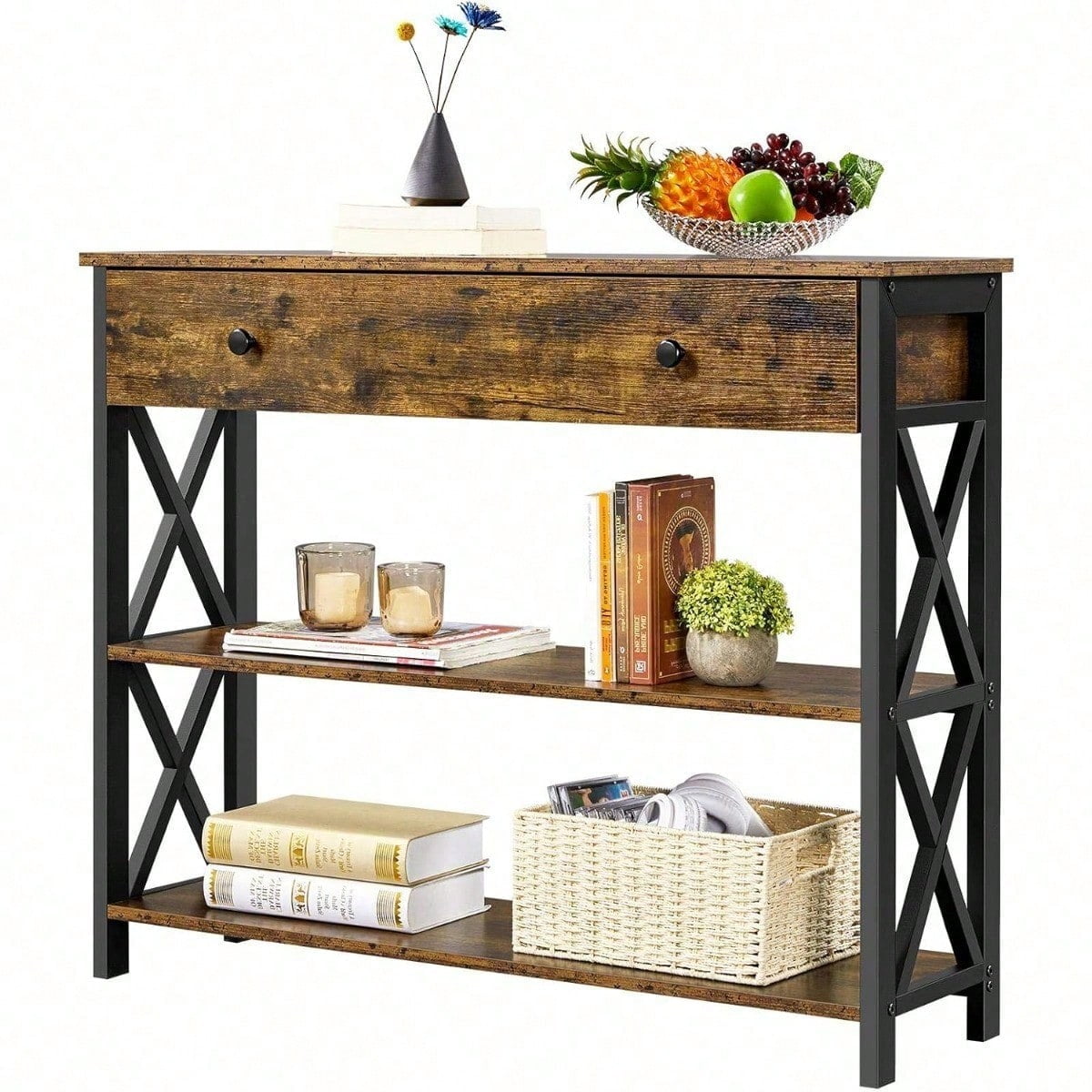 Console Table with Drawer, Entryway Table with 3 Tier Storage Shelves ...