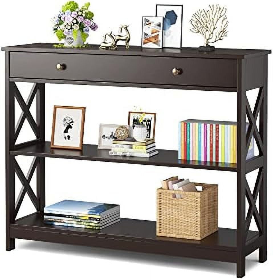 Console Table with Drawer and Storage Shelves, Narrow Sofa Table for ...