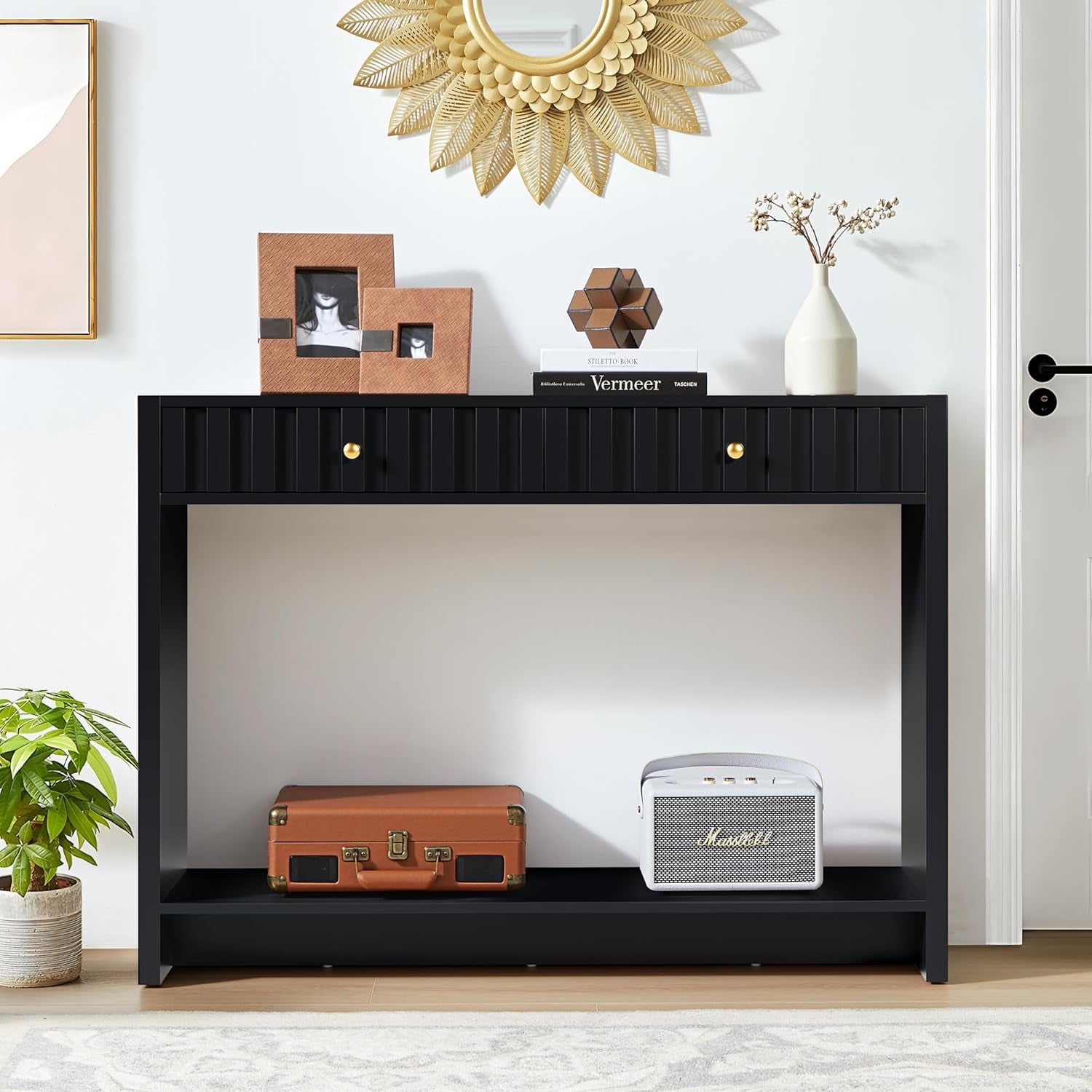 Console Table with Drawers, Narrow Mid-Century Fluted Entryway Table ...