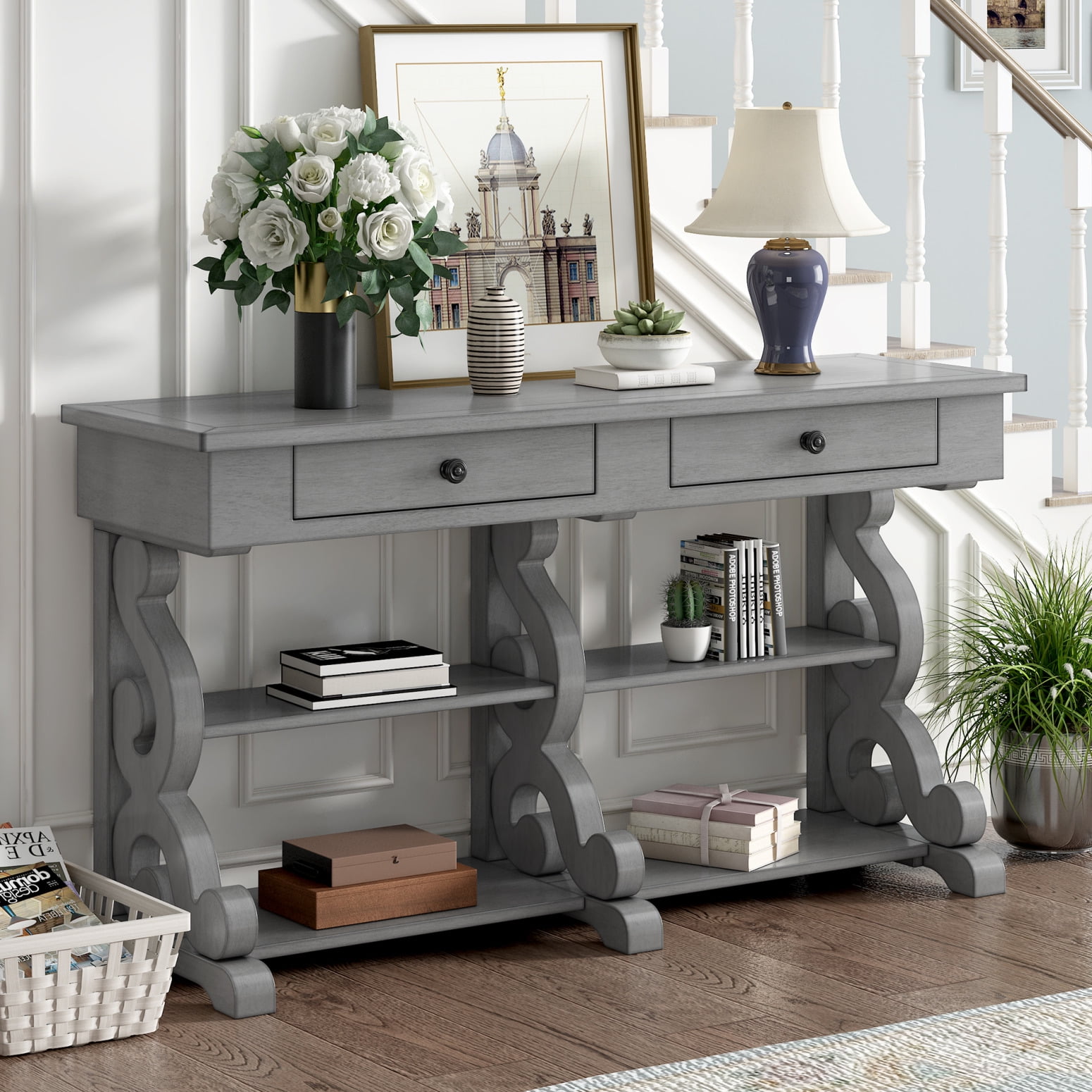 Console Table with Drawers, Wood Sideboard with Ample Storage and Open ...