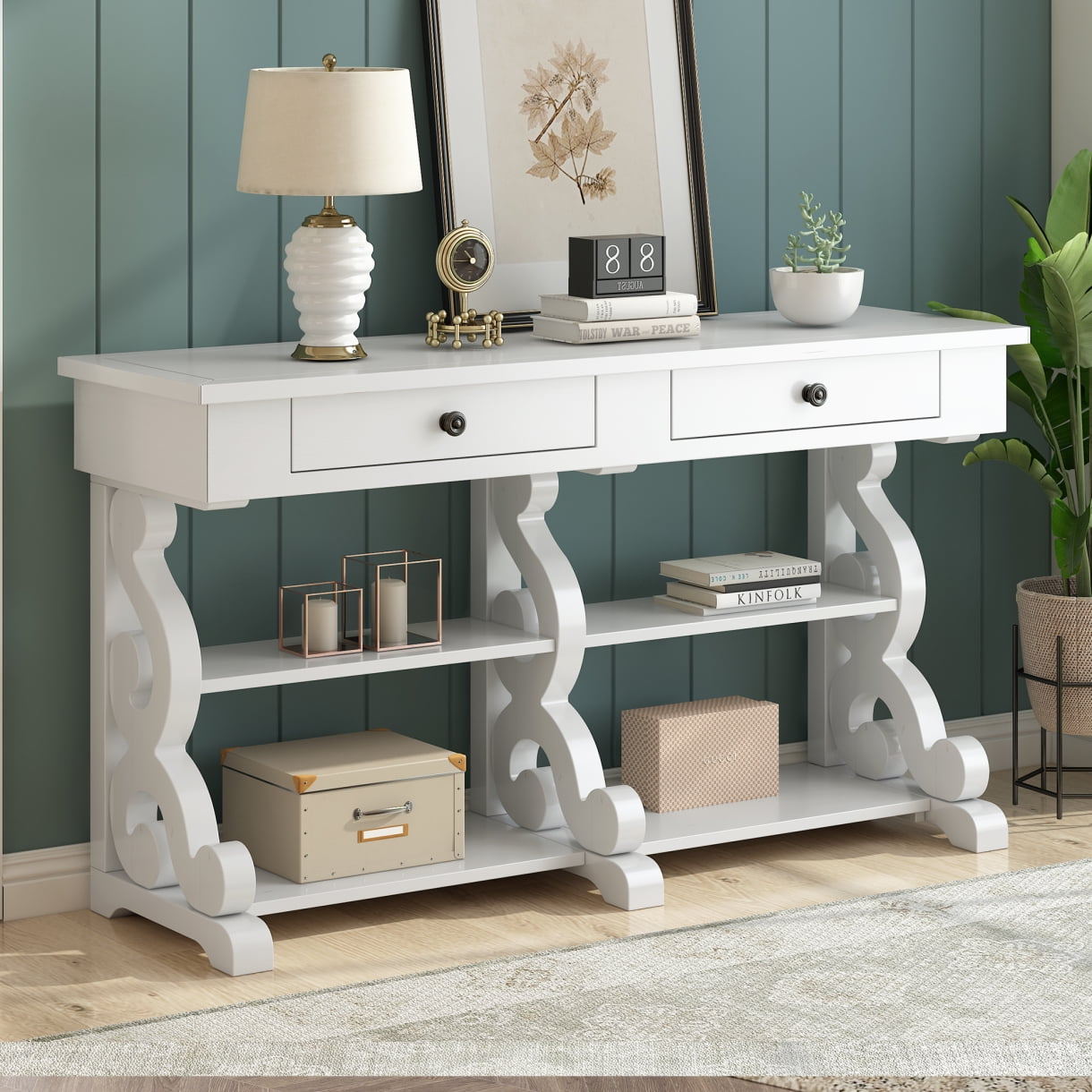 Console Table with Drawers, Wood Sideboard with Ample Storage and Open ...