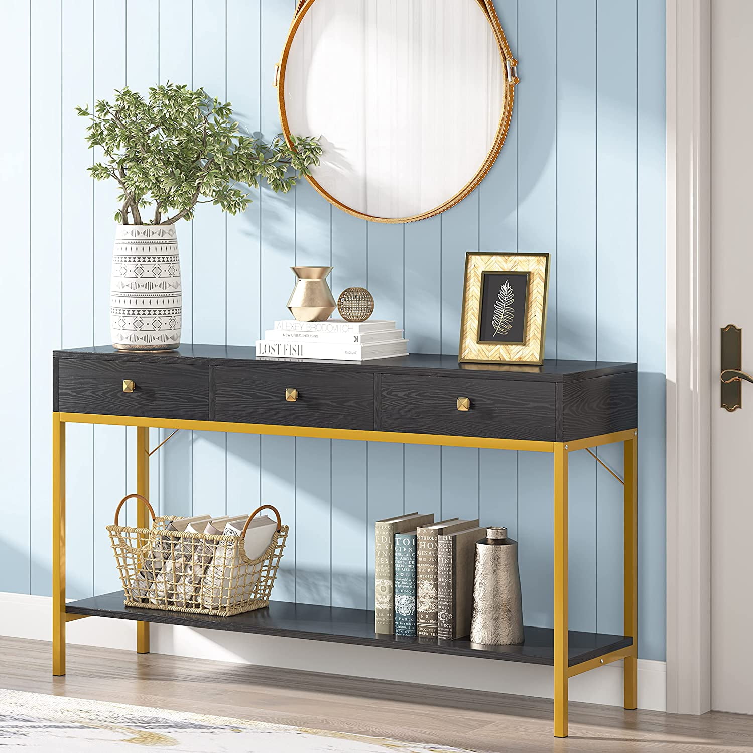 Console Table for Entryway 3 Drawers and Mesh Shelves 3-Tier Storage ...