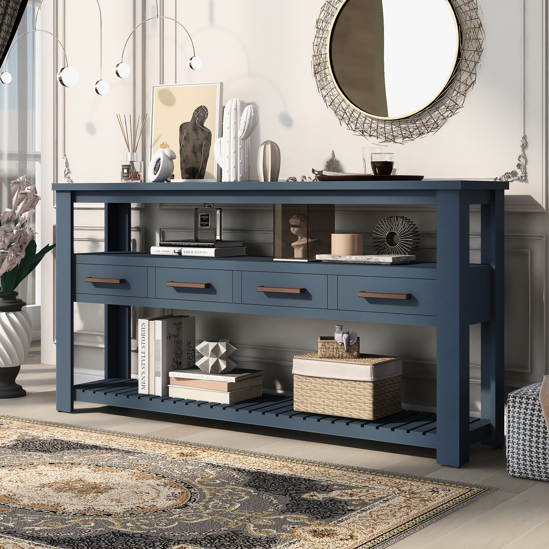 Console Table In Navy For Living Room, 4 Drawers And 2 Shelves ...