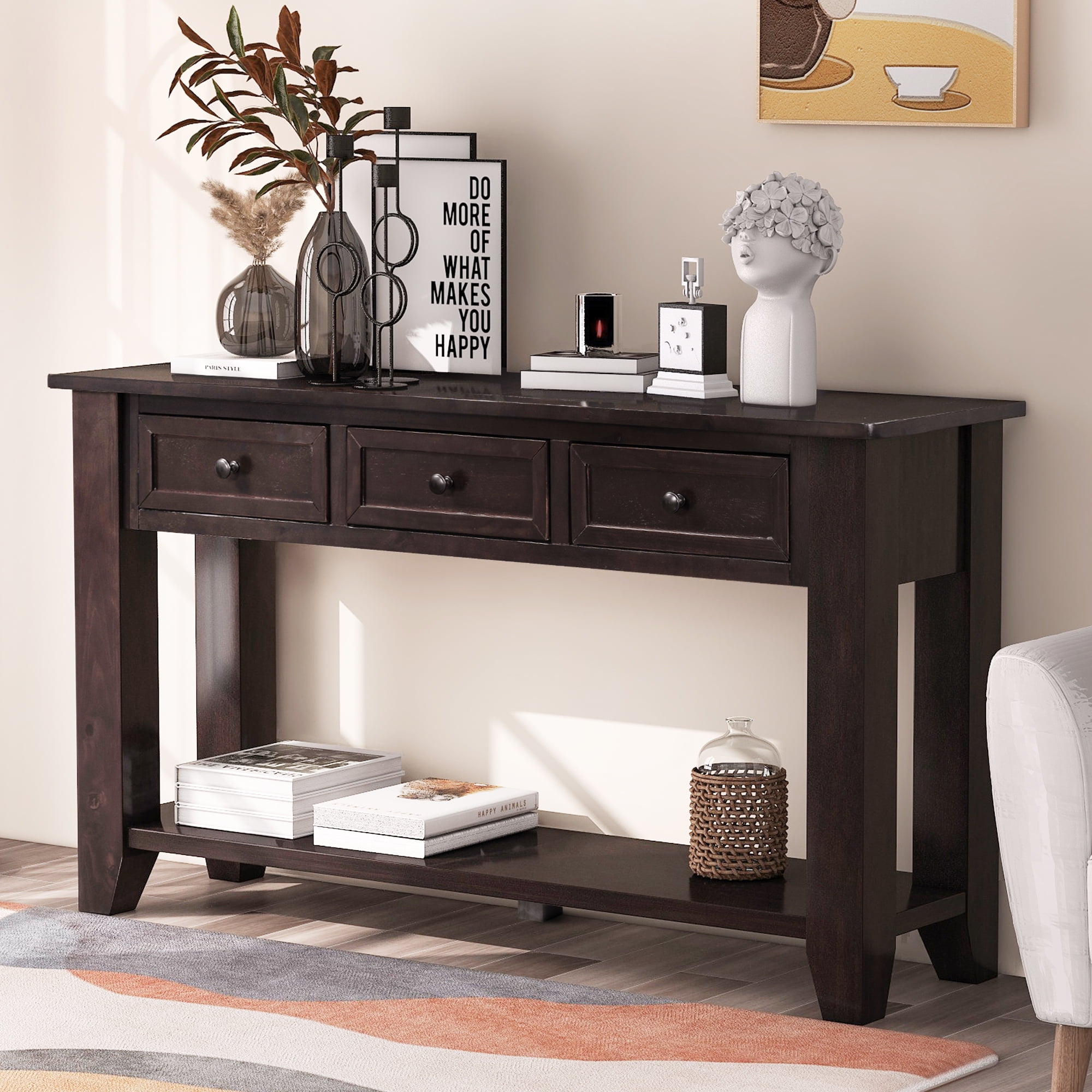 "Espresso Console Table With 3 Drawers, Open Bottom Shelf, 55"" Long ...