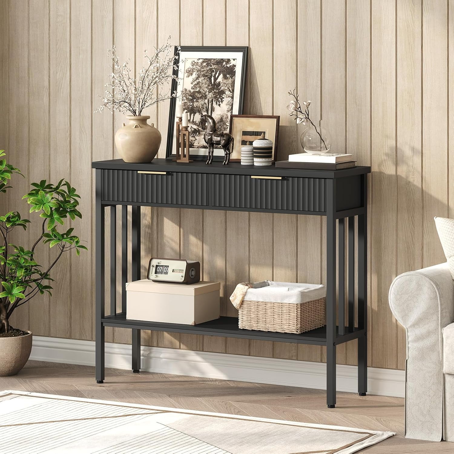 Console Table, Narrow Long Entry Table with Storage Shelf, 2-Tier ...