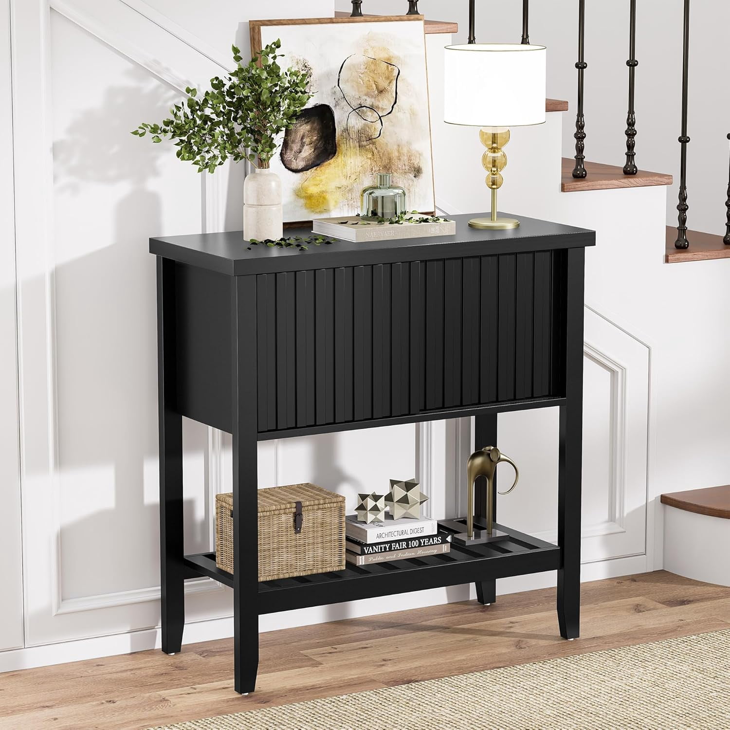 Console Table, Narrow Long Sofa Table with 2 Sliding Doors and Shelf ...