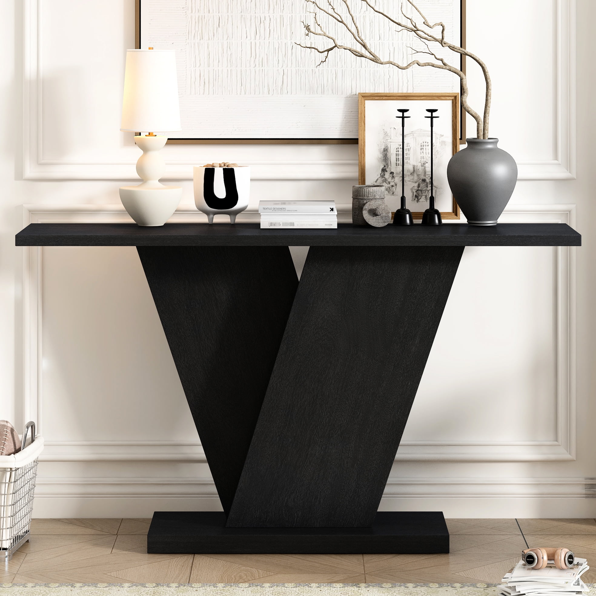 Console Table With Natural Wood Veneer, Contemporary Minimalist Style ...