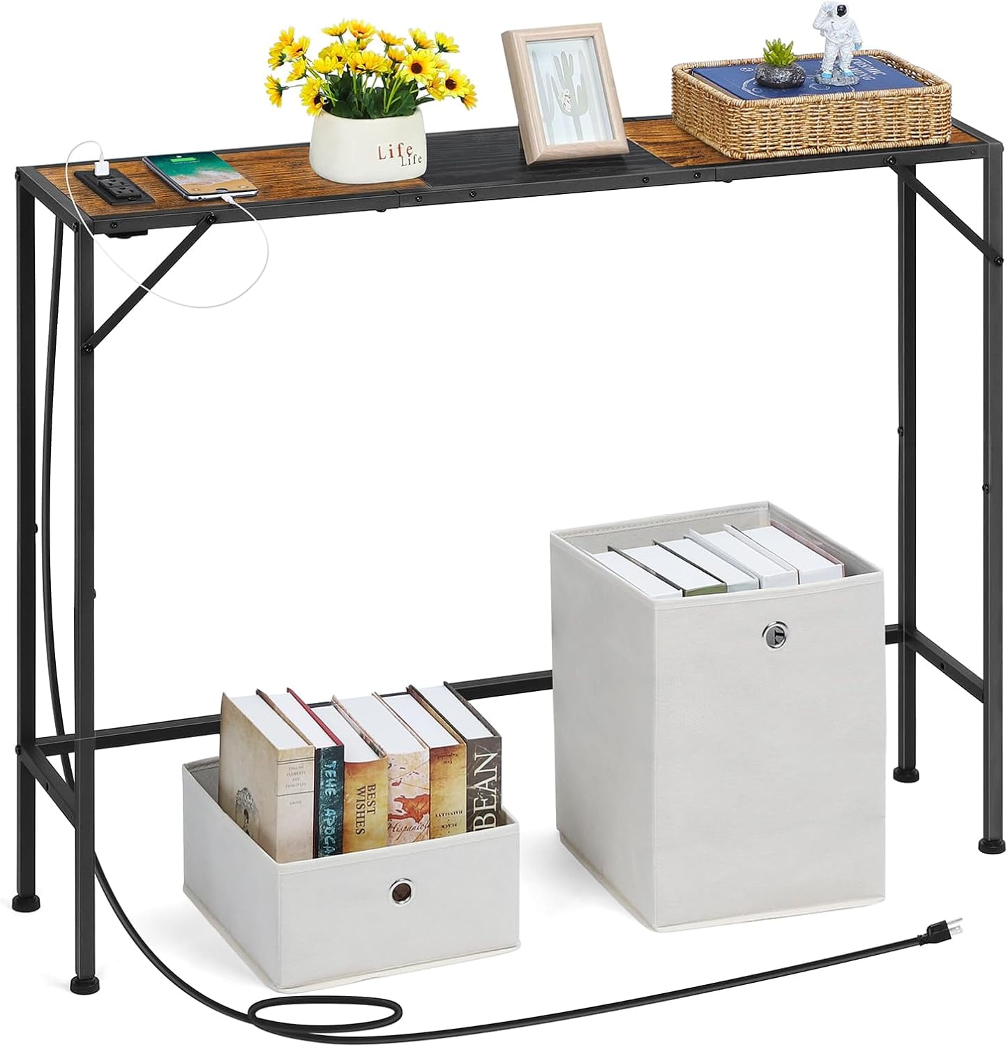 Console Table with Outlet, Narrow Sofa Table with Charging Station, 41 ...