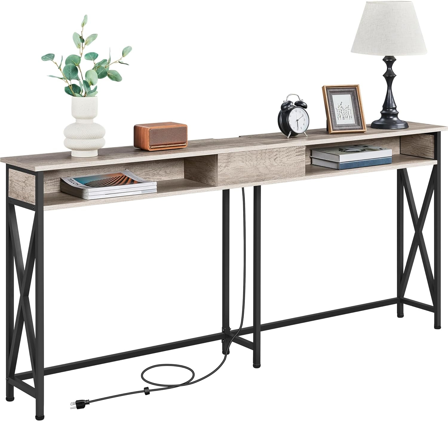 Console Table with Outlets, 71 Inch Narrow Long Sofa Table with Storage ...
