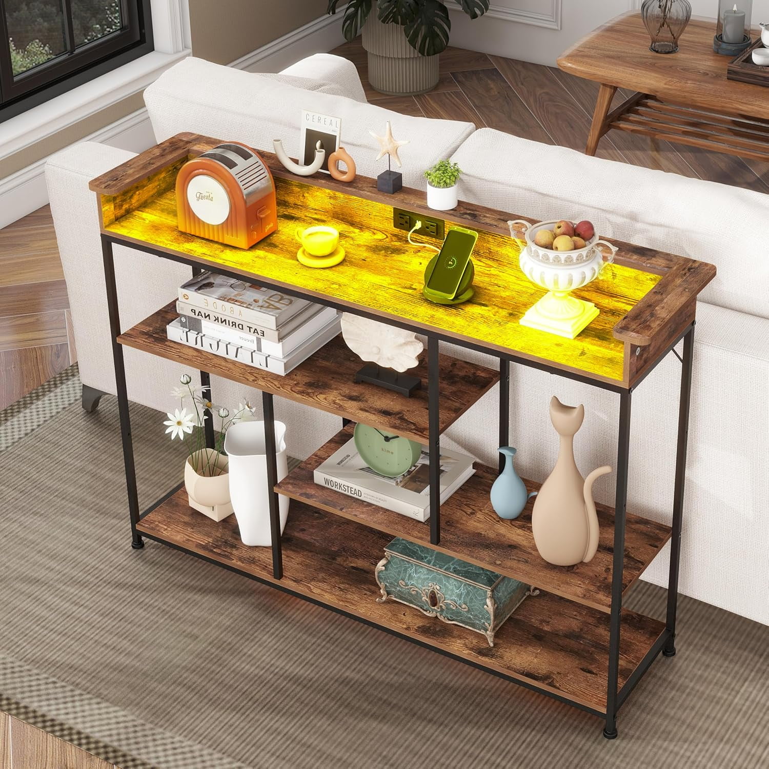 Console Table with Outlets and USB Ports 4Tier Sofa Table with LED ...
