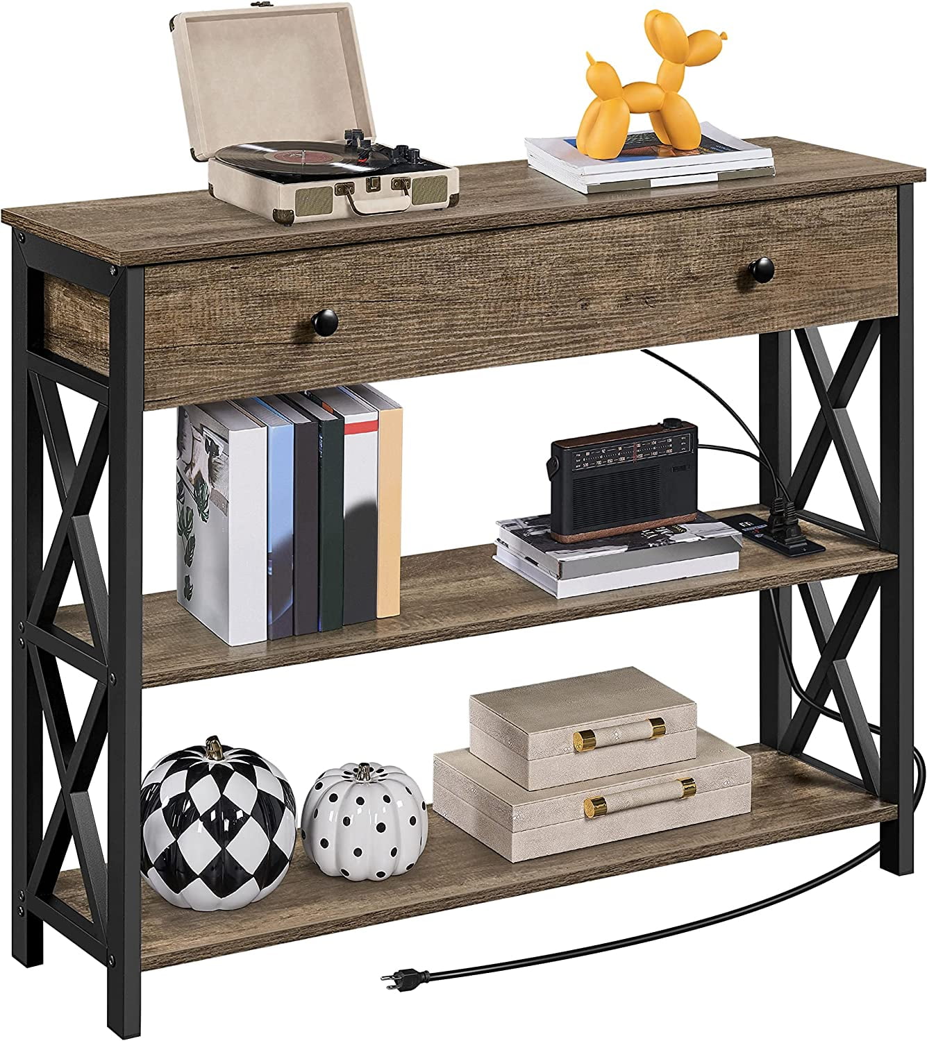 Console Table with Outlets and USB Ports, Industrial Entryway Table ...